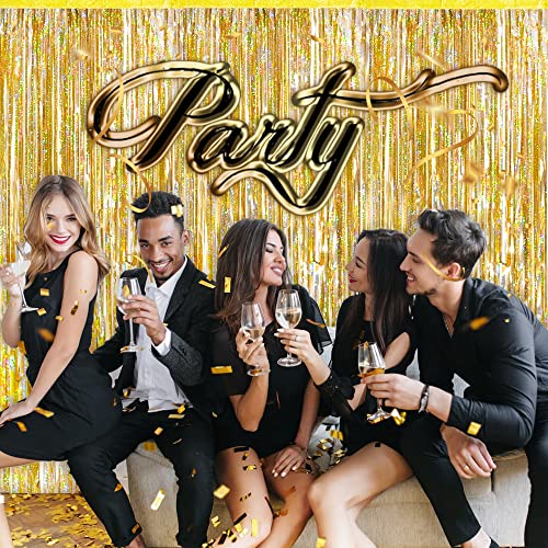 PartyBySam Gold Party Backdrop, Golden Foil Fringe Curtains for Birthday Halloween Party Decorations, Wall Door Hanging Streamers for Graduation, New Year Party Background (3 Pack 3.2Ft x 8.2Ft)