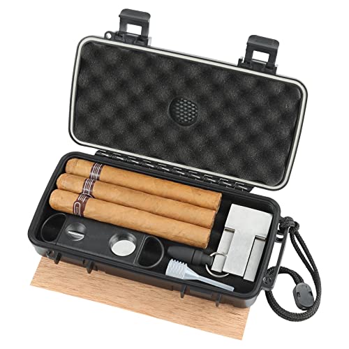 Travel Cigar Humidor Box Case with Cigar Accessories &Spanish Cedar &Humidifier &Cigar Cutter & Cigar Stand &Cigar Punch CutterHold4-5 Count -Cigar Waterproof Case, Crushproof, Airtight Seal Portable