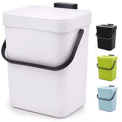 MONGTINGLU Countertop Compost Bin - 1.3 Gallons Hanging Small Trash Can with Lid for Kitchen Bathroom, Under Sink Kitchen Trash Can, Indoor Counter Compost Bucket with Lid, 5L(White)