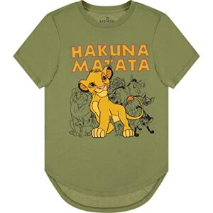 disney ladies lion king fashion shirt - ladies classic hakuna matata clothing lion king simba mufasa timon and pumba curved hem tee (olive, small)