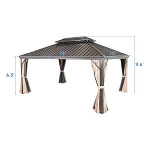 12'x16' Hardtop Gazebo, Outdoor Aluminum Permanent Pavilion Gazebo with Curtains and Netting, Brown Galvanized Steel Metal Double Roof Canopy Gazebo and Aluminum Frame for Patios, Gardens, Lawns