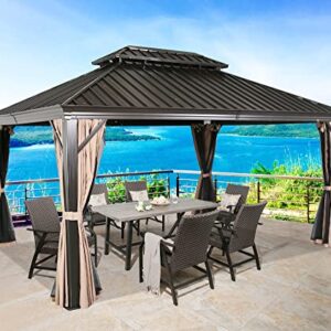 12'x16' Hardtop Gazebo, Outdoor Aluminum Permanent Pavilion Gazebo with Curtains and Netting, Brown Galvanized Steel Metal Double Roof Canopy Gazebo and Aluminum Frame for Patios, Gardens, Lawns