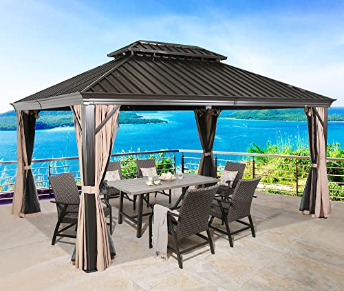 12'x16' Hardtop Gazebo, Outdoor Aluminum Permanent Pavilion Gazebo with Curtains and Netting, Brown Galvanized Steel Metal Double Roof Canopy Gazebo and Aluminum Frame for Patios, Gardens, Lawns