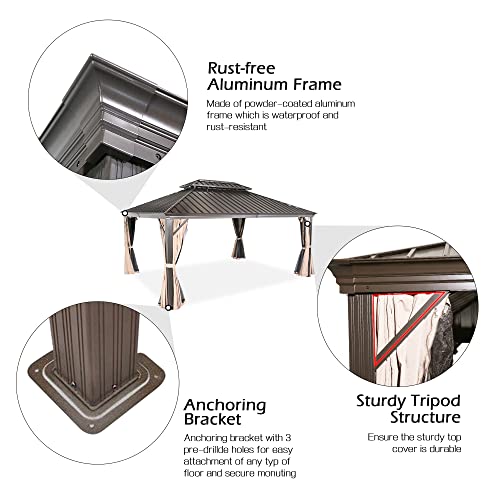 12'x16' Hardtop Gazebo, Outdoor Aluminum Permanent Pavilion Gazebo with Curtains and Netting, Brown Galvanized Steel Metal Double Roof Canopy Gazebo and Aluminum Frame for Patios, Gardens, Lawns