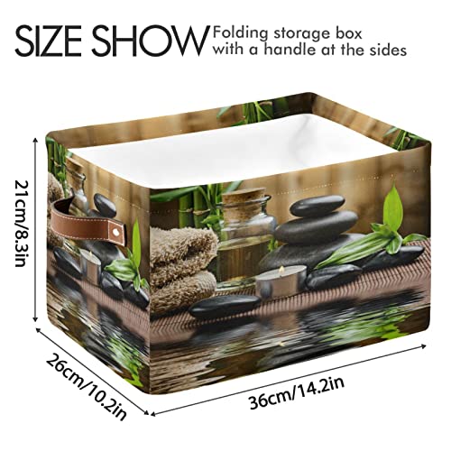 xigua Zen Basalt Stones on Wood Square Storage Basket,Collapsible Sturdy Fabric Storage Basket Cube W/Handles for Clothes Toy Closet(1 pcs)