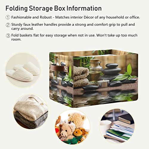 xigua Zen Basalt Stones on Wood Square Storage Basket,Collapsible Sturdy Fabric Storage Basket Cube W/Handles for Clothes Toy Closet(1 pcs)