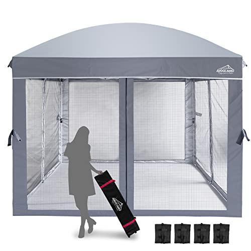 AIGOCANO Canopy Tent with Netting Screen,10x10 Easy Pop Up Gazebo for Outdoor Parties,Camping,Foldable Patio Gazebo with Roller Bag and 4 Sandbags(Grey)