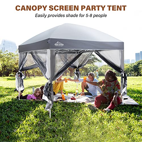 AIGOCANO Canopy Tent with Netting Screen,10x10 Easy Pop Up Gazebo for Outdoor Parties,Camping,Foldable Patio Gazebo with Roller Bag and 4 Sandbags(Grey)