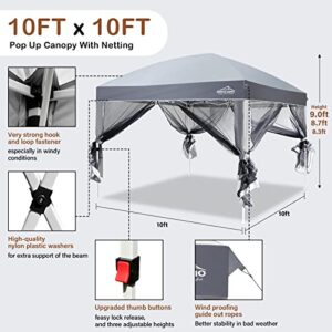 AIGOCANO Canopy Tent with Netting Screen,10x10 Easy Pop Up Gazebo for Outdoor Parties,Camping,Foldable Patio Gazebo with Roller Bag and 4 Sandbags(Grey)