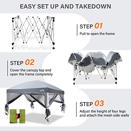 AIGOCANO Canopy Tent with Netting Screen,10x10 Easy Pop Up Gazebo for Outdoor Parties,Camping,Foldable Patio Gazebo with Roller Bag and 4 Sandbags(Grey)