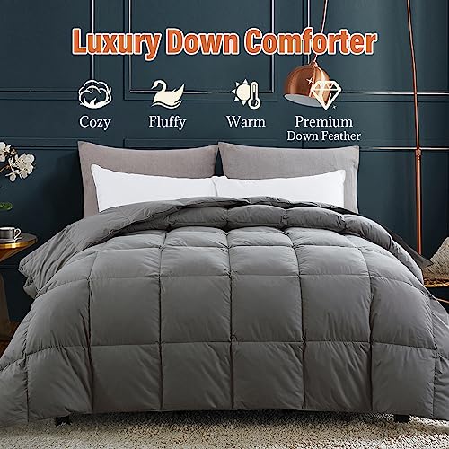 Cosybay Feather Comforter Filled with Feather & Down- All Season Grey Cal King Size Down Duvet Insert- Luxurious Hotel Bedding Comforters with 100% Cotton Cover - California King 104 x 96 Inch