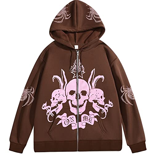 PLAYPUNK Women Rhinestone Oversized Zip Up Hoodie Y2k Skeleton Spider Skull Print Vintage Hoodies 90s Pullover Grunge Jacket Brown