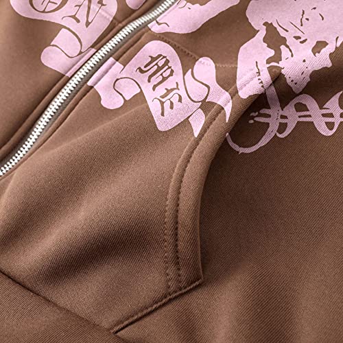 PLAYPUNK Women Rhinestone Oversized Zip Up Hoodie Y2k Skeleton Spider Skull Print Vintage Hoodies 90s Pullover Grunge Jacket Brown