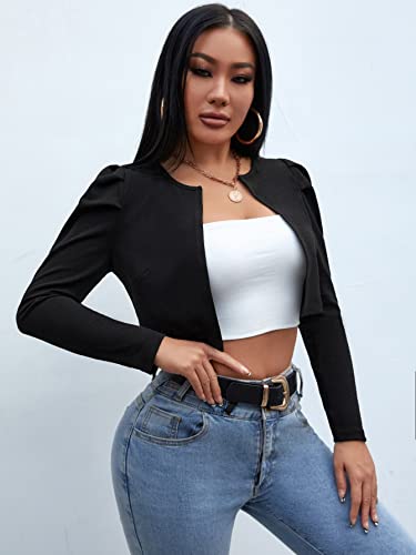 SheIn Women's Casual Long Sleeve Solid Crop Blazer Jacket Open Front Coat Solid Black Petite XX-Small