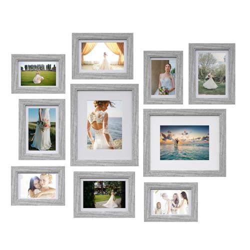 Povrgive Picture Frames Set of 10 Gray Wood Grain, Bulk MDF Frames for 8x10, 5x7, 4x6 Photos Real Glass for Wall or Tabletop