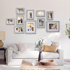 Povrgive Picture Frames Set of 10 Gray Wood Grain, Bulk MDF Frames for 8x10, 5x7, 4x6 Photos Real Glass for Wall or Tabletop