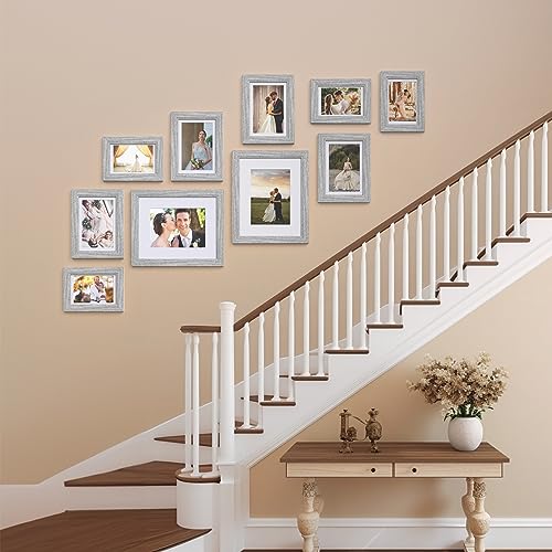 Povrgive Picture Frames Set of 10 Gray Wood Grain, Bulk MDF Frames for 8x10, 5x7, 4x6 Photos Real Glass for Wall or Tabletop