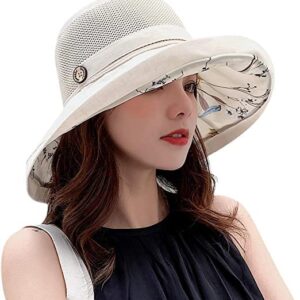 Summer Mesh Sun Hats for Women UV Protection Wide Brim Packable Beach Bucket Hat Beige