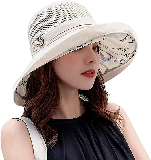 Summer Mesh Sun Hats for Women UV Protection Wide Brim Packable Beach Bucket Hat Beige