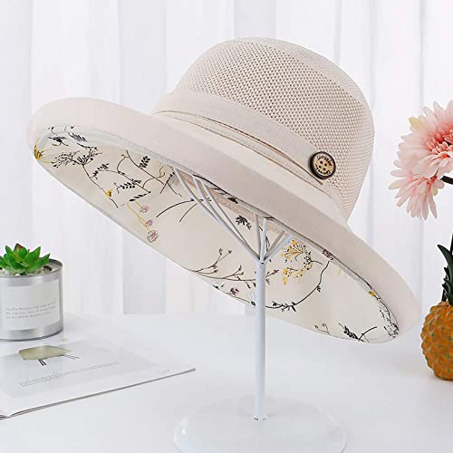 Summer Mesh Sun Hats for Women UV Protection Wide Brim Packable Beach Bucket Hat Beige