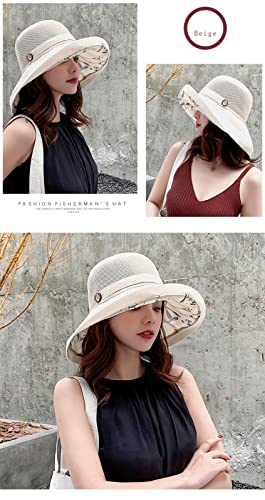 Summer Mesh Sun Hats for Women UV Protection Wide Brim Packable Beach Bucket Hat Beige