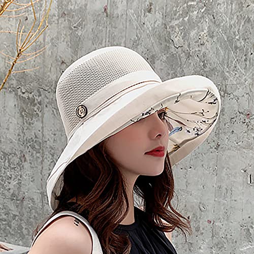 Summer Mesh Sun Hats for Women UV Protection Wide Brim Packable Beach Bucket Hat Beige