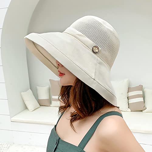 Summer Mesh Sun Hats for Women UV Protection Wide Brim Packable Beach Bucket Hat Beige