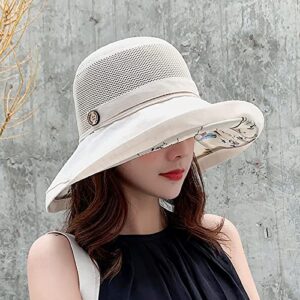 Summer Mesh Sun Hats for Women UV Protection Wide Brim Packable Beach Bucket Hat Beige