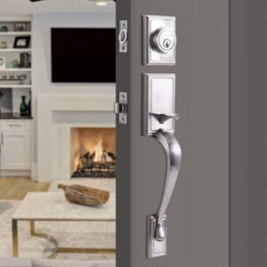 maxecurity front door handle set in satin nickel and passage door lever in satin nickel make a bundle