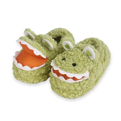 FUNCOO PLUS Green Crocodile Toddlers Fuzzy Slippers Kids Warm House Slippers Cute Animal Fluffy Slip On Home Shoes for Boys