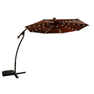 zjdu 9 ft led lighting offset patio umbrella, aluminium garden umbrella,market outdoor solar light hanging deck umbrella, for pool, yard, garden,brown