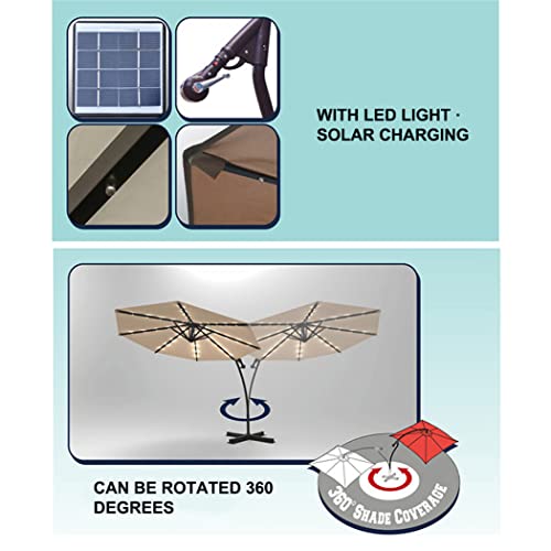 ZJDU 9 FT LED Lighting Offset Patio Umbrella, Aluminium Garden Umbrella,Market Outdoor Solar Light Hanging Deck Umbrella, for Pool, Yard, Garden,Brown