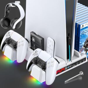 ps5 stand with 3-level cooling fan, ps5 controller charger with led light for playstation 5 controllers, ps5 cooling station ps5 accessories incl. headset holder, hdd slot