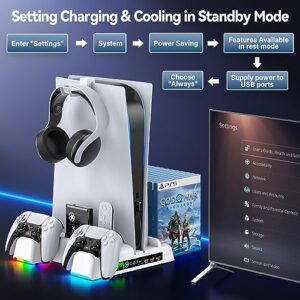 PS5 Stand with 3-Level Cooling Fan, PS5 Controller Charger with LED Light for Playstation 5 Controllers, PS5 Cooling Station PS5 Accessories incl. Headset Holder, HDD Slot