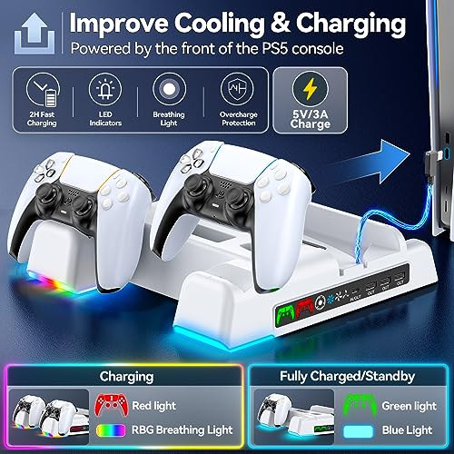 PS5 Stand with 3-Level Cooling Fan, PS5 Controller Charger with LED Light for Playstation 5 Controllers, PS5 Cooling Station PS5 Accessories incl. Headset Holder, HDD Slot