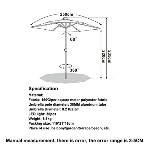 ZJDU 8.2 Ft Solar Powered Outdoor Market Patio Table Umbrella,Table Market Umbrella, 30 LED Lighted Patio Umbrella, with LED Lights and Tilt,for Garden, Deck, Backyard, Pool and Beach,Brown