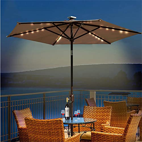 ZJDU 8.2 Ft Solar Powered Outdoor Market Patio Table Umbrella,Table Market Umbrella, 30 LED Lighted Patio Umbrella, with LED Lights and Tilt,for Garden, Deck, Backyard, Pool and Beach,Brown