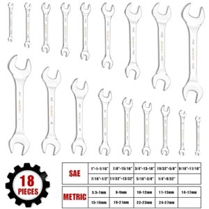 ARUCMIN Super-Thin Open End Wrench Set, 18-Piece SAE & Metric 1/4" to 1-1/16" and 5.5mm to 27mm Chrome Vanadium Steel Wrench Set with Rolling Pouch