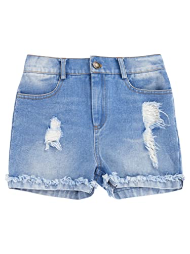 easyforever Girls Denim Shorts Stretch High Waisted Jeans Ripped Raw Hem Denim Shorts Cut Off Hot Pants with Pockets Light Blue 6 Years