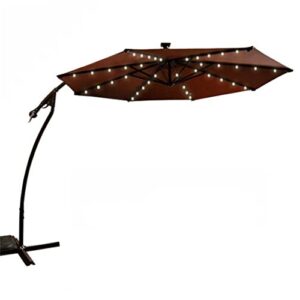 zjdu solar patio umbrellas,solar led offset patio umbrella,led lighted outdoor table market umbrella, with push button tilt/crank,8 ribs, for garden, lawn, deck, backyard & pool,brown,2.7m