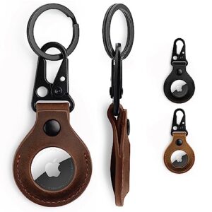 kordiz airtag holder leather case with clasp and key ring keychain - air tag holder full grain crazy horse leather cases for apple airtags protective cover accessories - handmade (dark brown)