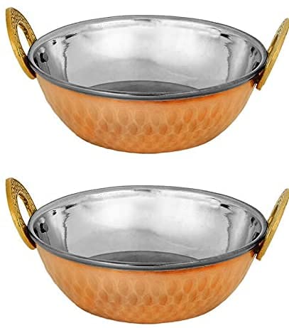 VAKRATUNDA KITCHENWARES Heavy-Duty Copper Bowl Kadai, Food Grade Copper and Steel Serving Karahi Bowls, Multipurpose Indian Serving Kadhai Copper Bowls, Diameter 5 Inches Pack of (2)