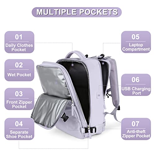 Carry On Backpack Personal Item Travel Backpack For Women Airline/Flight Approved Waterproof Sports Luggage Casual Daypack Small Hiking Backpack Purple