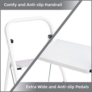 Folding Step Stool with Wide Anti-Slip Pedal, Sturdy Steel Ladder, Convenient Handgrip, Lightweight Portable (White, 2 Step Ladder)