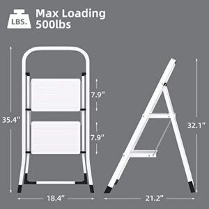 Folding Step Stool with Wide Anti-Slip Pedal, Sturdy Steel Ladder, Convenient Handgrip, Lightweight Portable (White, 2 Step Ladder)