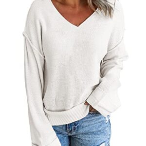 Womens V Neck Lightweight Sweaters Pullover Warm Long Sleeve Loose Casual Tunic Knit Tops White