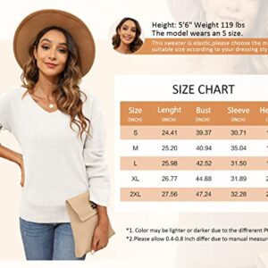 Womens V Neck Lightweight Sweaters Pullover Warm Long Sleeve Loose Casual Tunic Knit Tops White