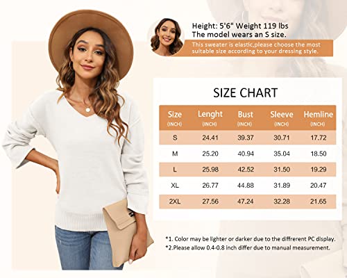 Womens V Neck Lightweight Sweaters Pullover Warm Long Sleeve Loose Casual Tunic Knit Tops White