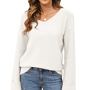 Womens V Neck Lightweight Sweaters Pullover Warm Long Sleeve Loose Casual Tunic Knit Tops White