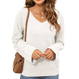 Womens V Neck Lightweight Sweaters Pullover Warm Long Sleeve Loose Casual Tunic Knit Tops White